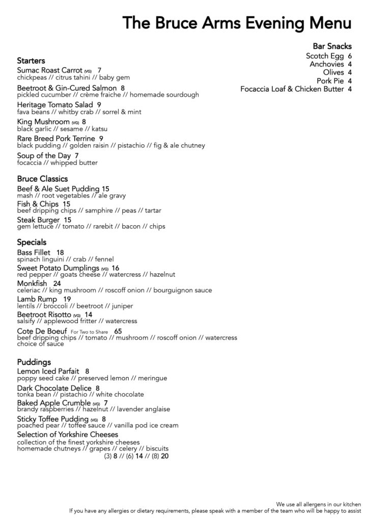 Evening Menu – The Bruce Arms