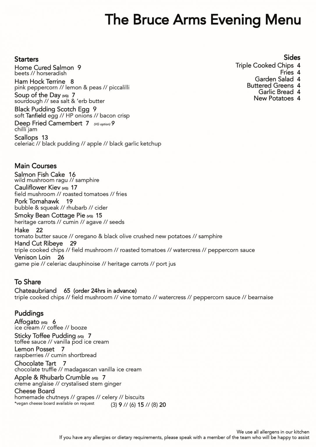 Evening Menu – The Bruce Arms