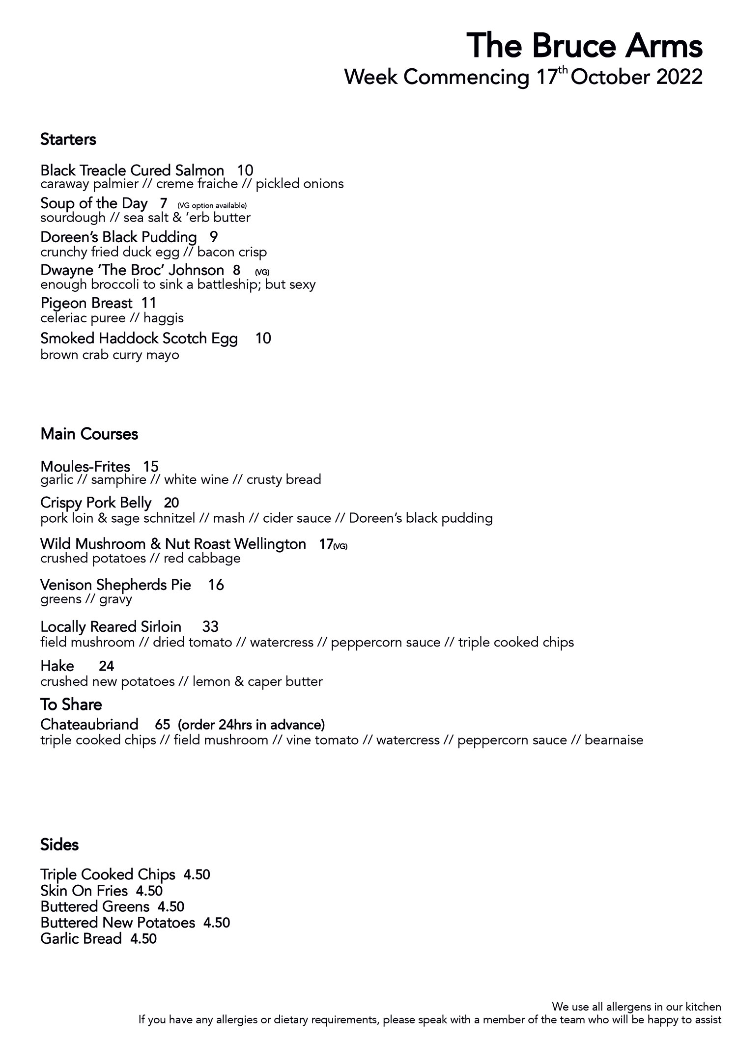 Evening Menu – The Bruce Arms